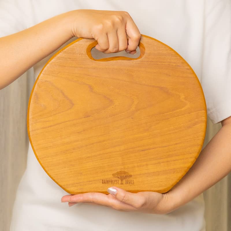 Rainforest Bowls 11.5"x10.6" Circular Javanese Teak Wood Cutting Board w/Handle- Ultra-Durable, Heavy Duty, Lasts Years w/Daily Use- Premium Custom Design Handcrafted by Indonesian Artisans