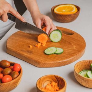 Rainforest Bowls 11.5"x10.6" Circular Javanese Teak Wood Cutting Board w/Handle- Ultra-Durable, Heavy Duty, Lasts Years w/Daily Use- Premium Custom Design Handcrafted by Indonesian Artisans