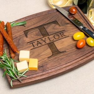 walnut artisan personalized cutting boards, custom anniversary or housewarming gift idea, wood engraved charcuterie board for couples and newlyweds, initial design 050