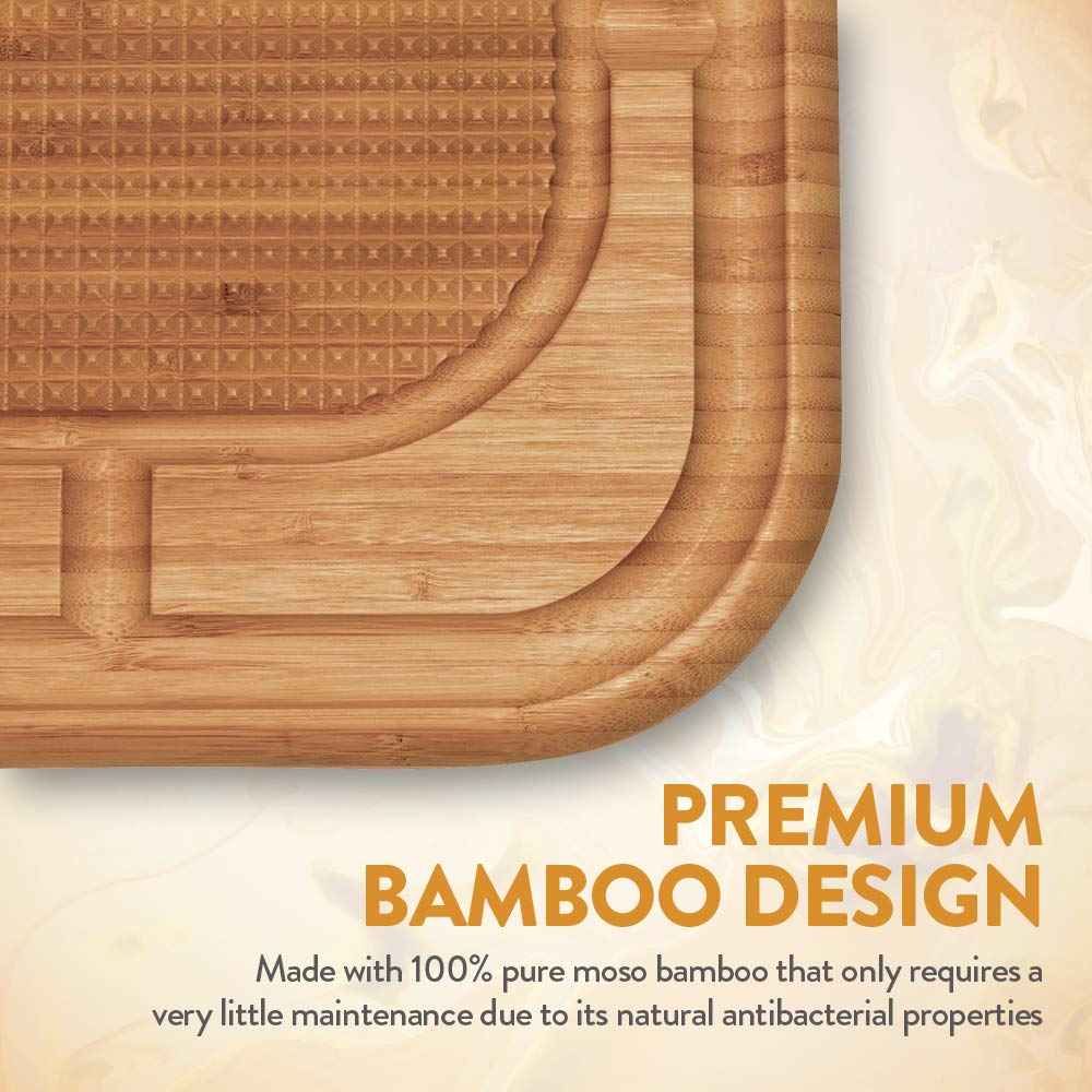 Bamboo Carving Cutting Board - Heavy Duty Steak Butcher Block with Deep Grooves - Kitchen Wood Chopping Board - Reversible, Oversized, Thick Serving Tray with Spikes, Stabilizes Meat While Carving