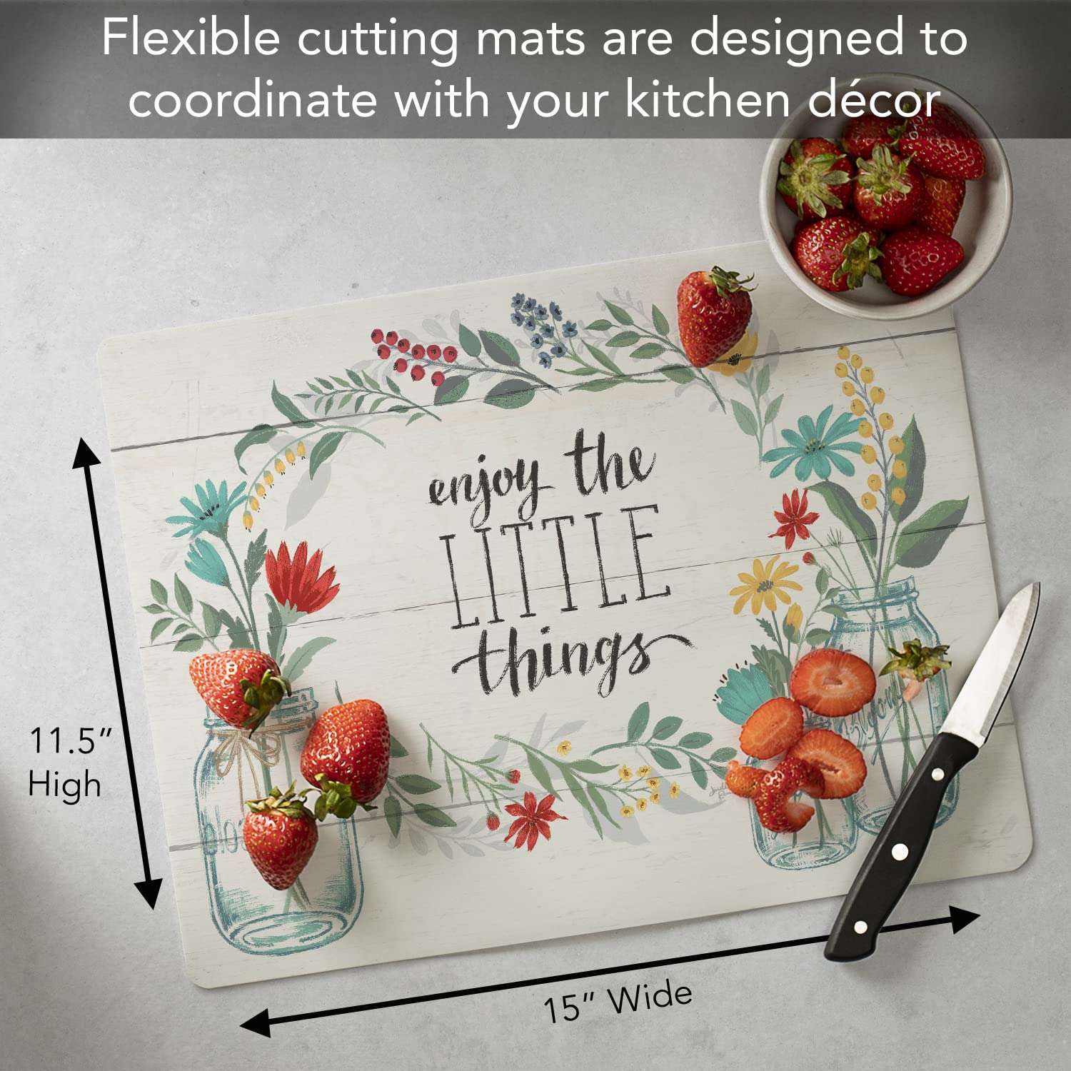 CounterArt Blooming Thoughts Designer Flexible Plastic Cutting Board Mat, 15" x 11.5", Made in the USA, Decorative, Flexible, Easy to Clean