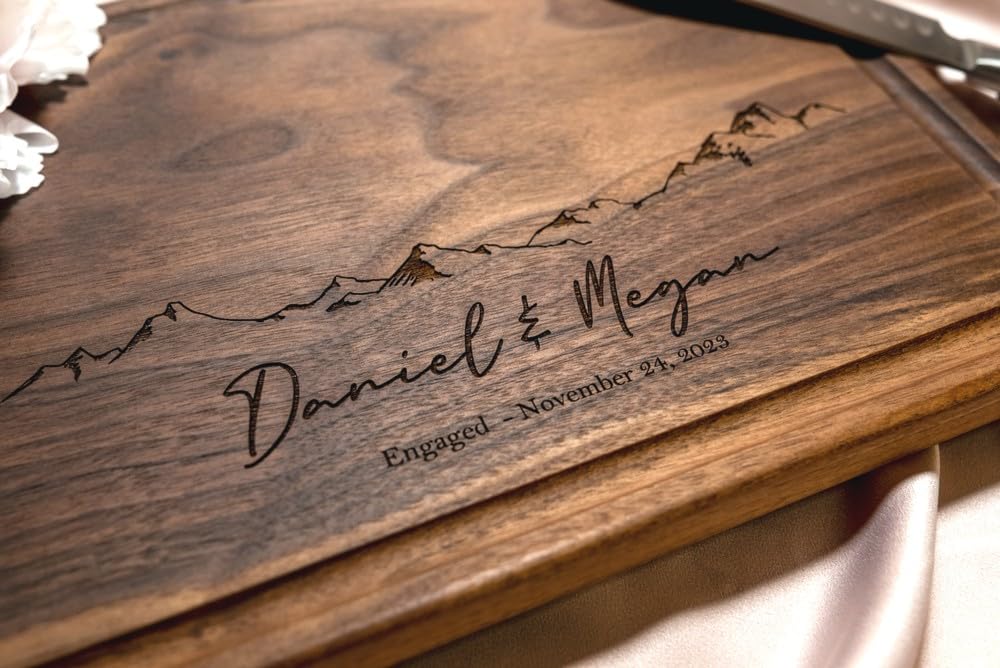 Personalized Cutting Board, Custom Wedding, Anniversary or Housewarming Gift Idea, Wood Engraved Charcuterie, for Couples and Friends, Minimalist Mountain Design 103