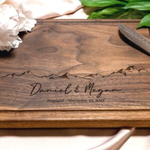 Personalized Cutting Board, Custom Wedding, Anniversary or Housewarming Gift Idea, Wood Engraved Charcuterie, for Couples and Friends, Minimalist Mountain Design 103