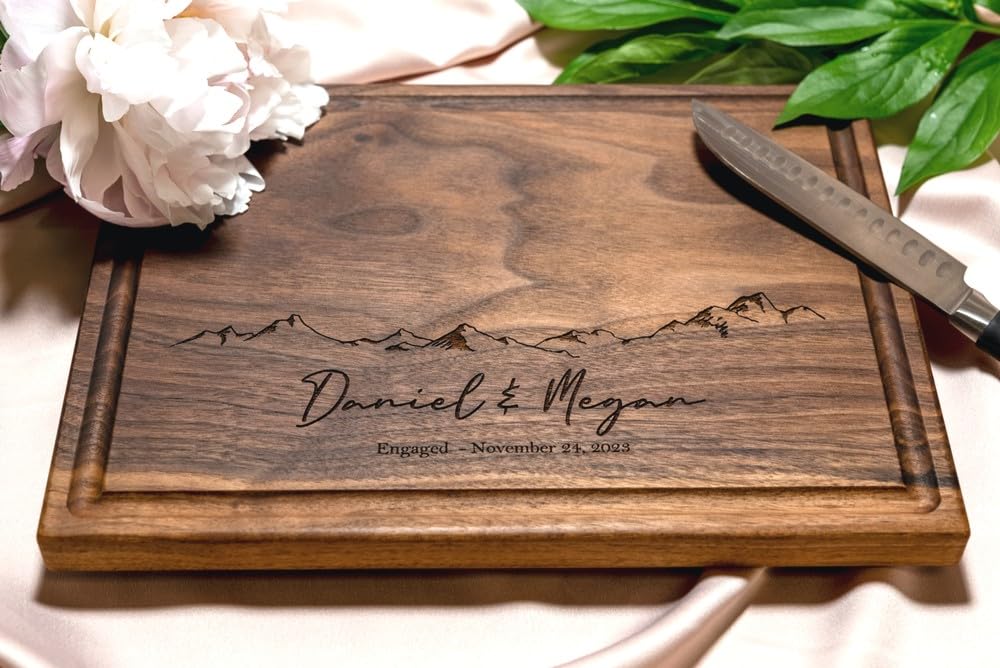 Personalized Cutting Board, Custom Wedding, Anniversary or Housewarming Gift Idea, Wood Engraved Charcuterie, for Couples and Friends, Minimalist Mountain Design 103