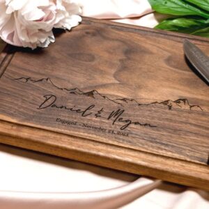 Personalized Cutting Board, Custom Wedding, Anniversary or Housewarming Gift Idea, Wood Engraved Charcuterie, for Couples and Friends, Minimalist Mountain Design 103