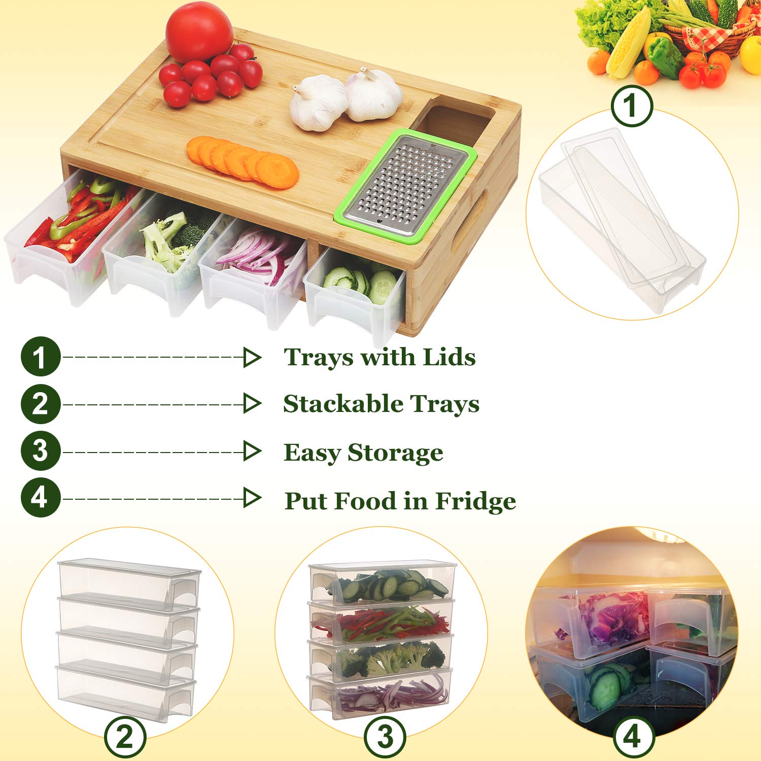 Bamboo Cutting Board with Trays/Drawers and Graters, Choping Board with Food Sliding Opening, 4 Dishwasher and Microwave Safe Storage Containers with Lids, Easy for Dishes Prep, Kitchen Space Saver