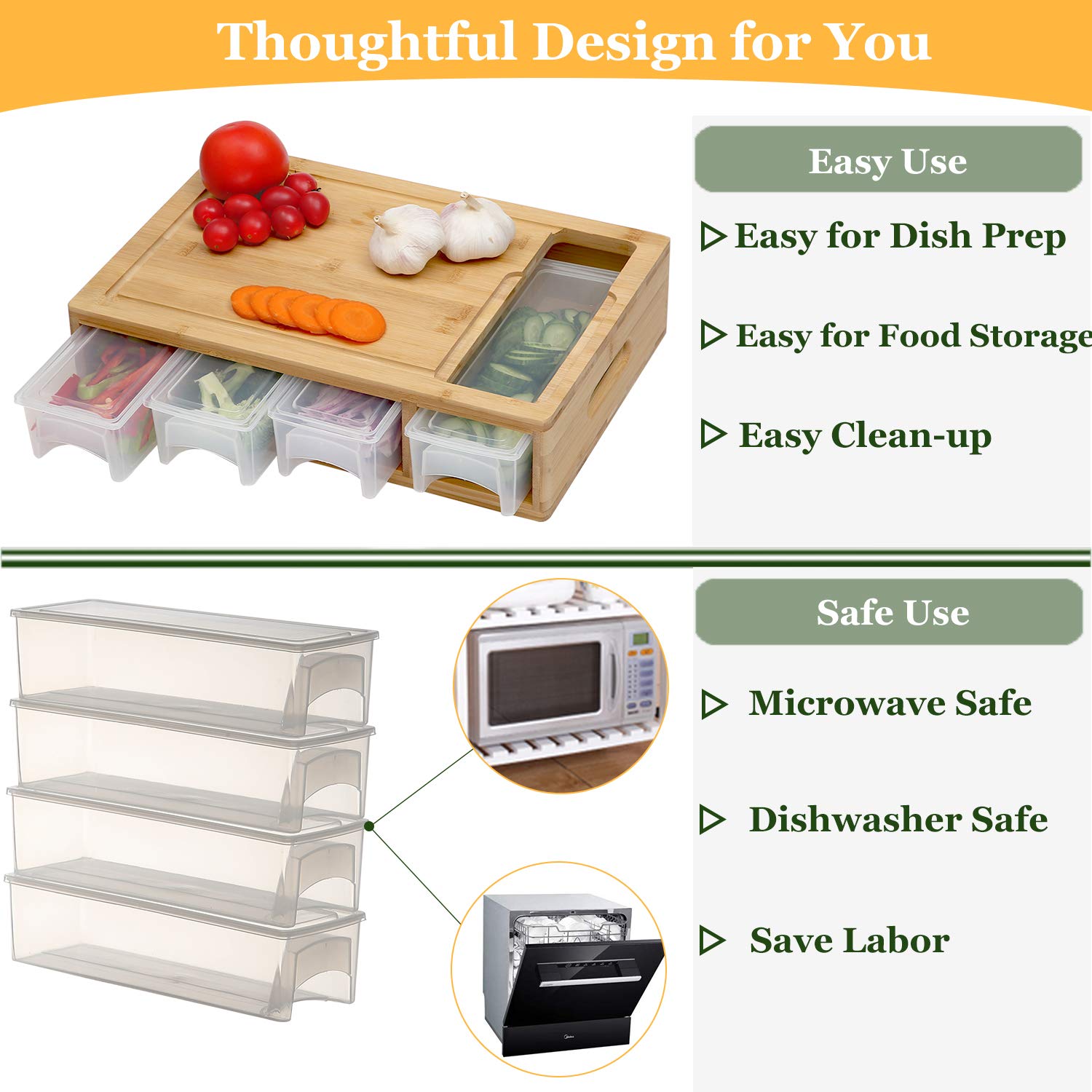 Bamboo Cutting Board with Trays/Drawers and Graters, Choping Board with Food Sliding Opening, 4 Dishwasher and Microwave Safe Storage Containers with Lids, Easy for Dishes Prep, Kitchen Space Saver