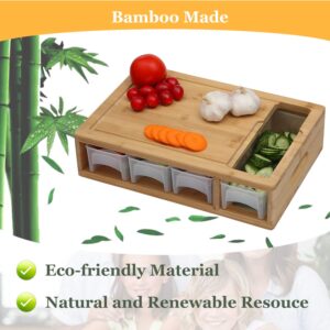 Bamboo Cutting Board with Trays/Drawers and Graters, Choping Board with Food Sliding Opening, 4 Dishwasher and Microwave Safe Storage Containers with Lids, Easy for Dishes Prep, Kitchen Space Saver