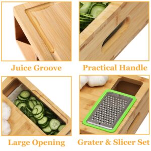 Bamboo Cutting Board with Trays/Drawers and Graters, Choping Board with Food Sliding Opening, 4 Dishwasher and Microwave Safe Storage Containers with Lids, Easy for Dishes Prep, Kitchen Space Saver