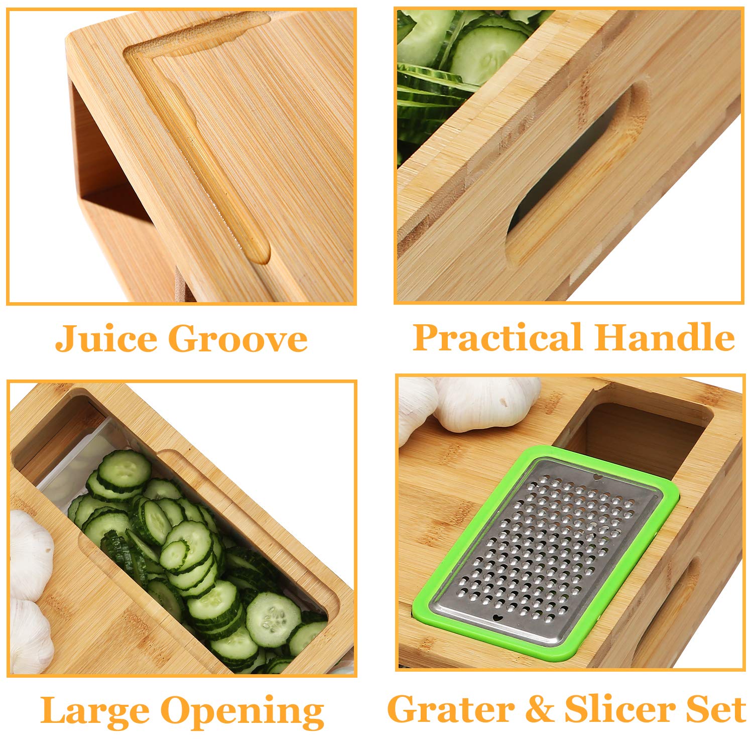 Bamboo Cutting Board with Trays/Drawers and Graters, Choping Board with Food Sliding Opening, 4 Dishwasher and Microwave Safe Storage Containers with Lids, Easy for Dishes Prep, Kitchen Space Saver