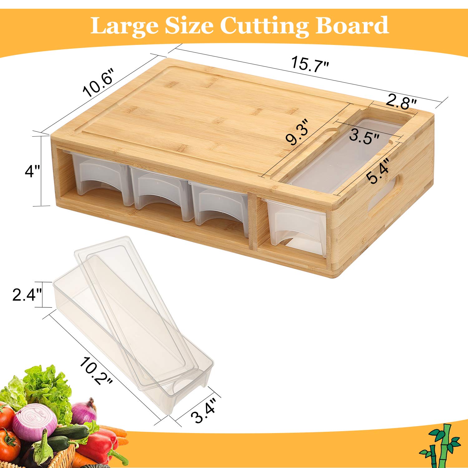 Bamboo Cutting Board with Trays/Drawers and Graters, Choping Board with Food Sliding Opening, 4 Dishwasher and Microwave Safe Storage Containers with Lids, Easy for Dishes Prep, Kitchen Space Saver