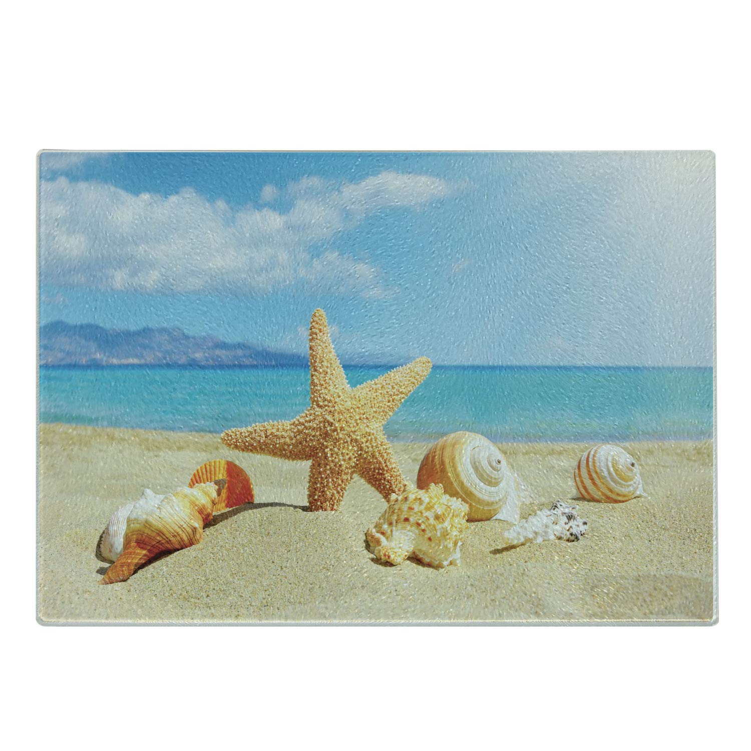 Ambesonne Seashells Cutting Board, Summer Beach Theme and Sand with Rays in the Sky Clouds Seaside Marine, Decorative Tempered Glass Cutting and Serving Board, Small Size, Aqua Ivory Mustard