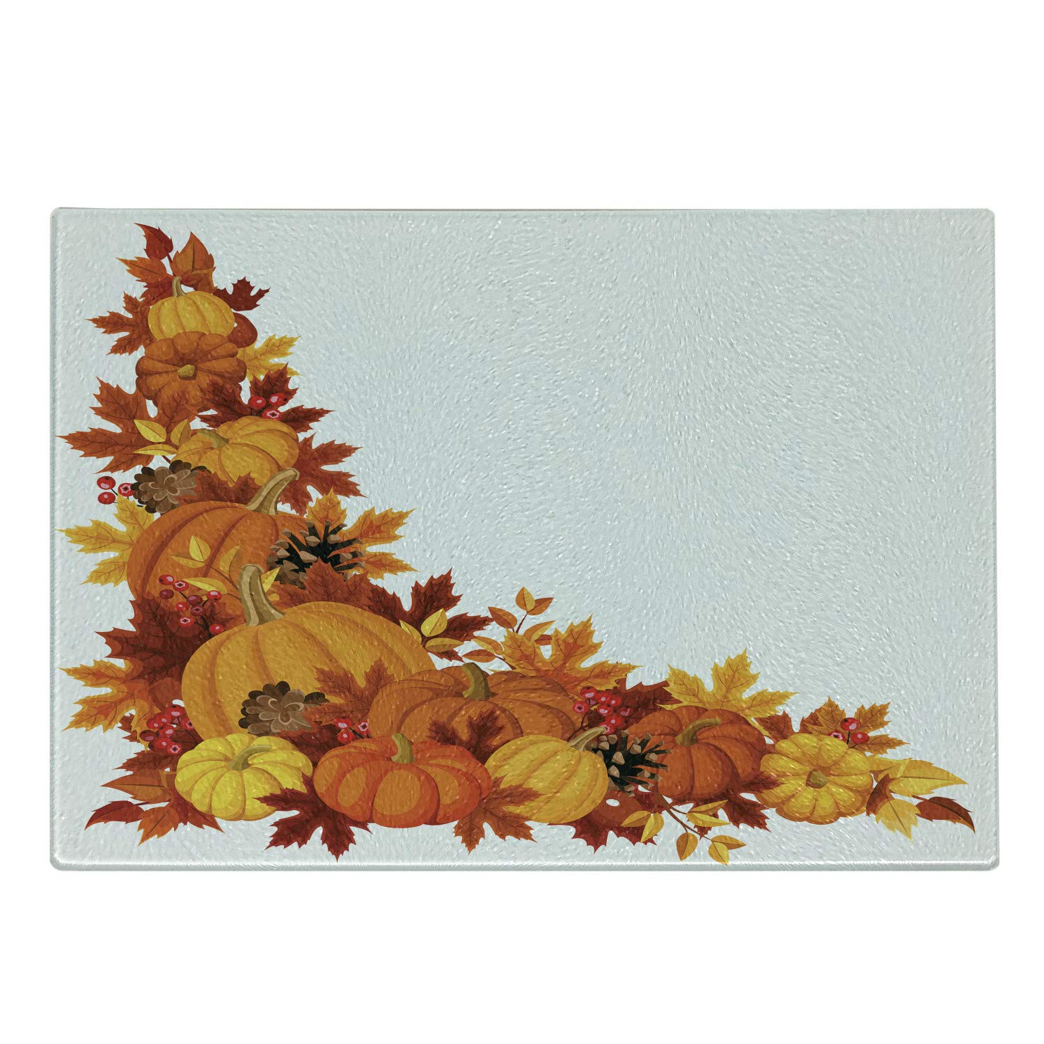 Lunarable Pumpkin Cutting Board, Autumn Leaves and Fruits on Fall Season Arrangement Pine Cone Cranberries, Decorative Tempered Glass Cutting and Serving Board, Large Size, Orange Yellow