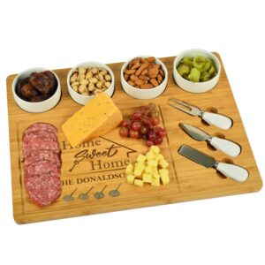 custom personalized engraved bamboo cutting board for cheese & charcuterie with 4 ceramic bowls, knife set & cheese markers - by picnic at ascot usa