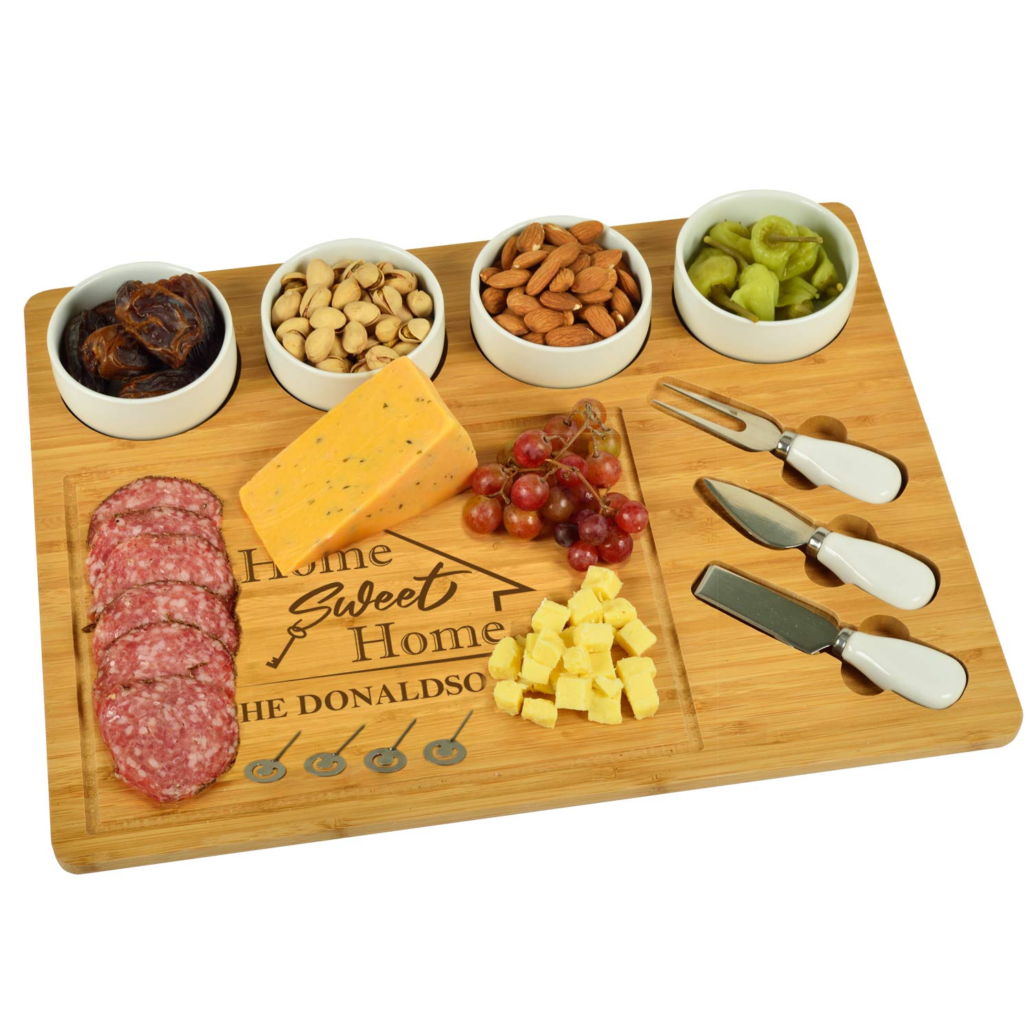 Custom Personalized Engraved Bamboo Cutting Board for Cheese & Charcuterie with 4 Ceramic Bowls, Knife Set & Cheese Markers - by Picnic at Ascot USA