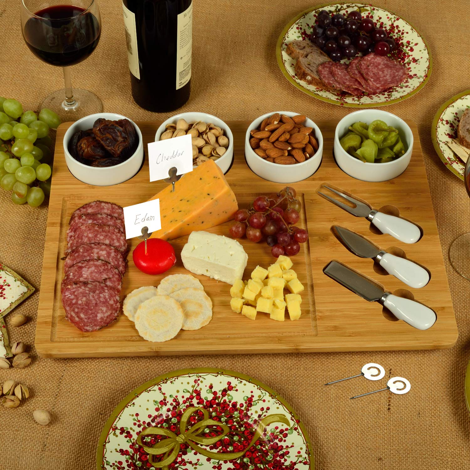 Custom Personalized Engraved Bamboo Cutting Board for Cheese & Charcuterie with 4 Ceramic Bowls, Knife Set & Cheese Markers - by Picnic at Ascot USA