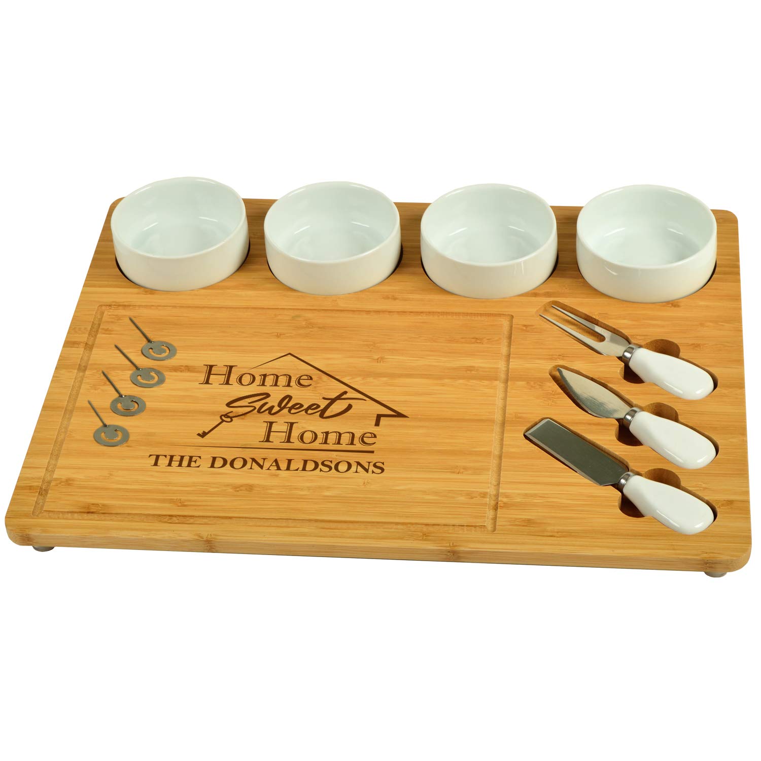 Custom Personalized Engraved Bamboo Cutting Board for Cheese & Charcuterie with 4 Ceramic Bowls, Knife Set & Cheese Markers - by Picnic at Ascot USA