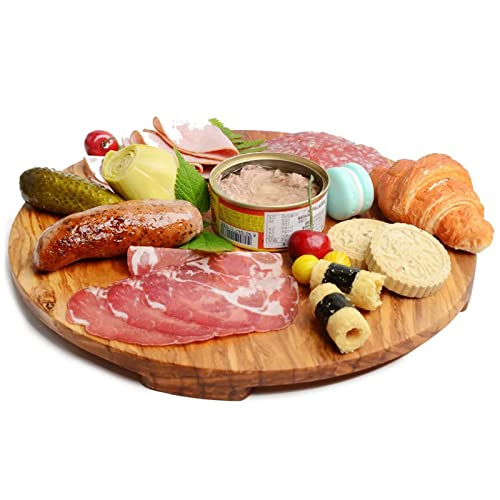 Ideaolives Olive Wood Made Cheese Service Wholse Board Large Round Charcuterie Serving Platter - Slate Cheese Markers Set and Chalk - Food and Meat Cutting Board - 11.4 inches