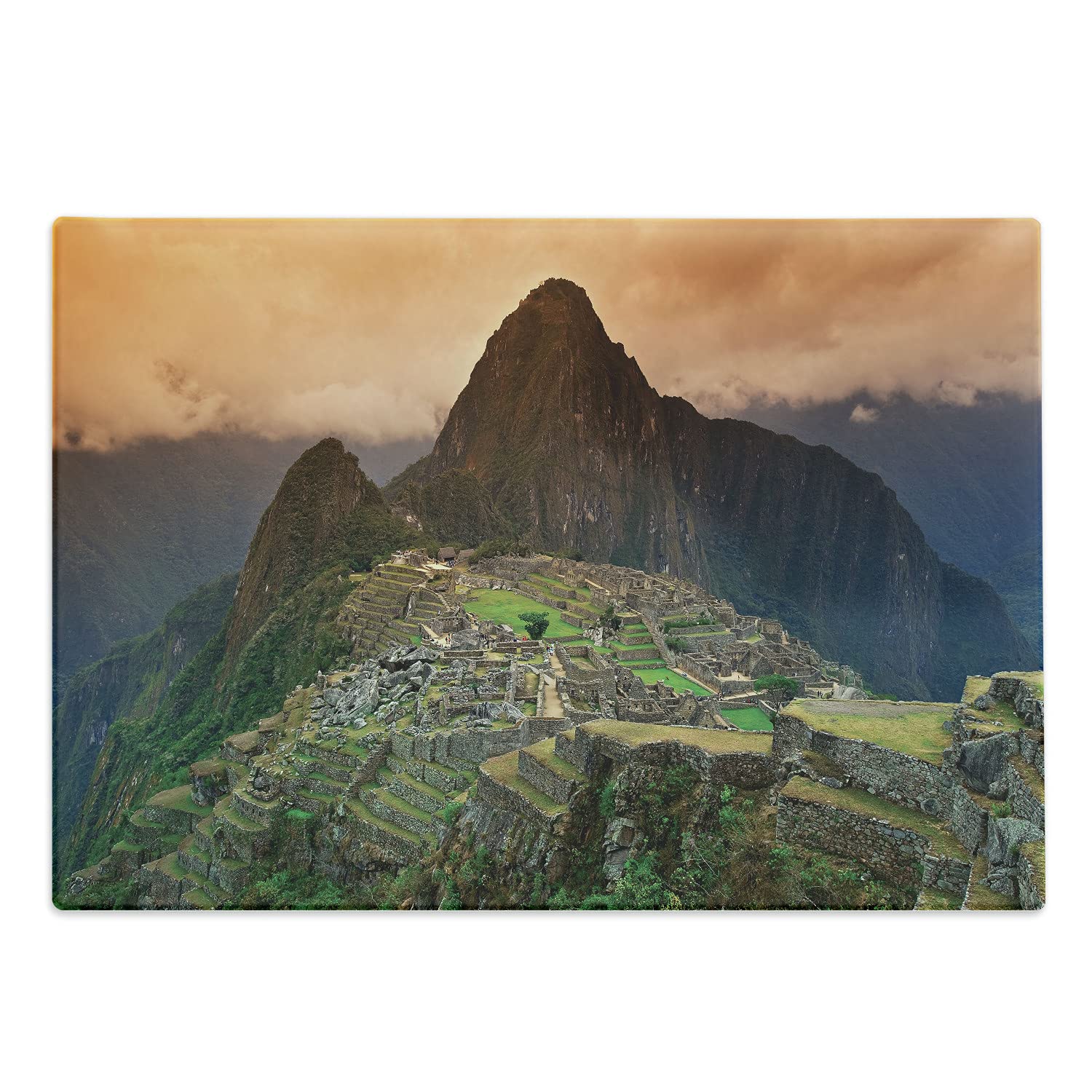 Lunarable Landscape Cutting Board, Machu Picchu Photo South America City of Ruins Mountain Panoramic Scene, Decorative Tempered Glass Cutting and Serving Board, Large Size, Orange and Green