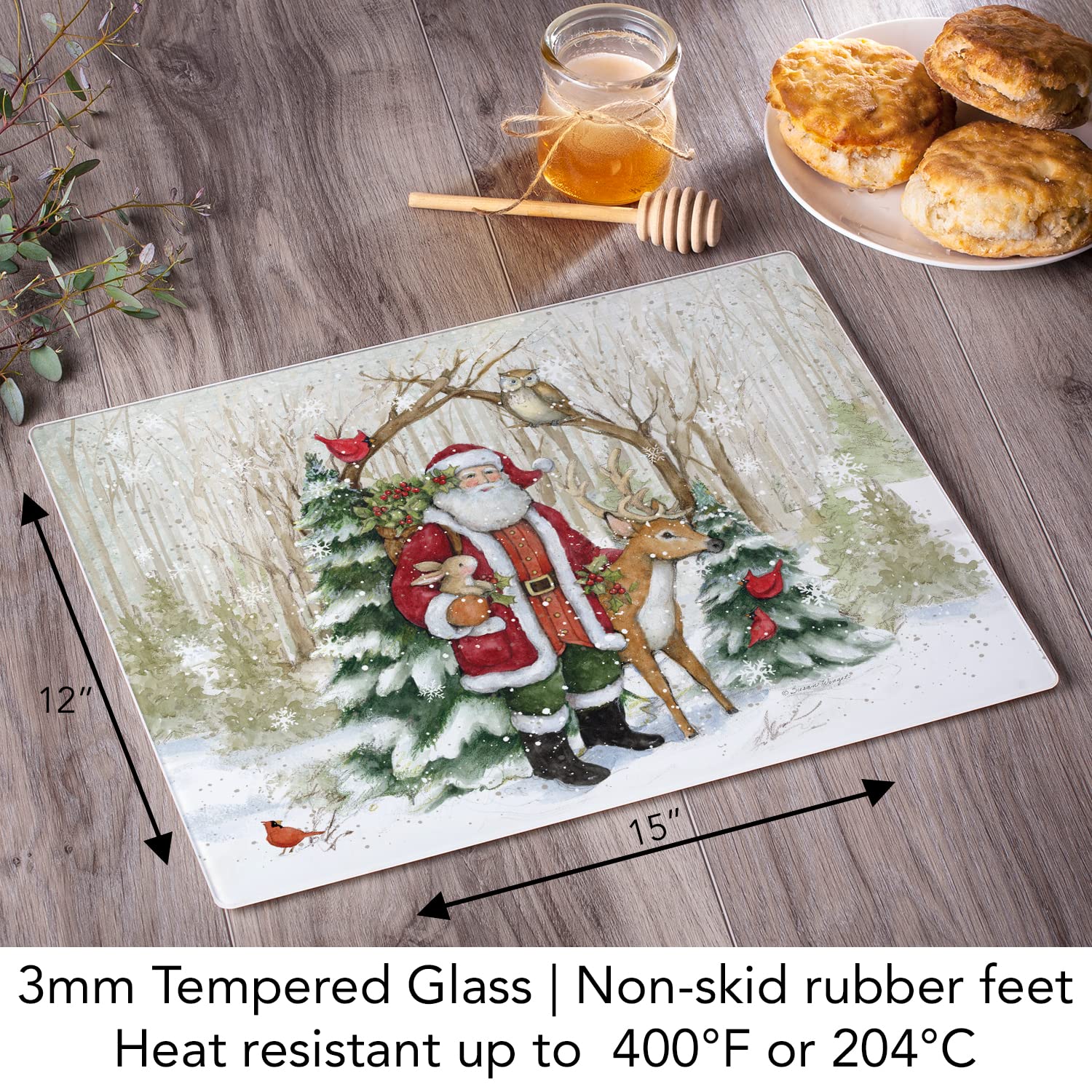 CounterArt Winter Forest Santa 3mm Heat Tolerant Tempered Glass Cutting Board 15” x 12” Manufactured in the USA Dishwasher Safe