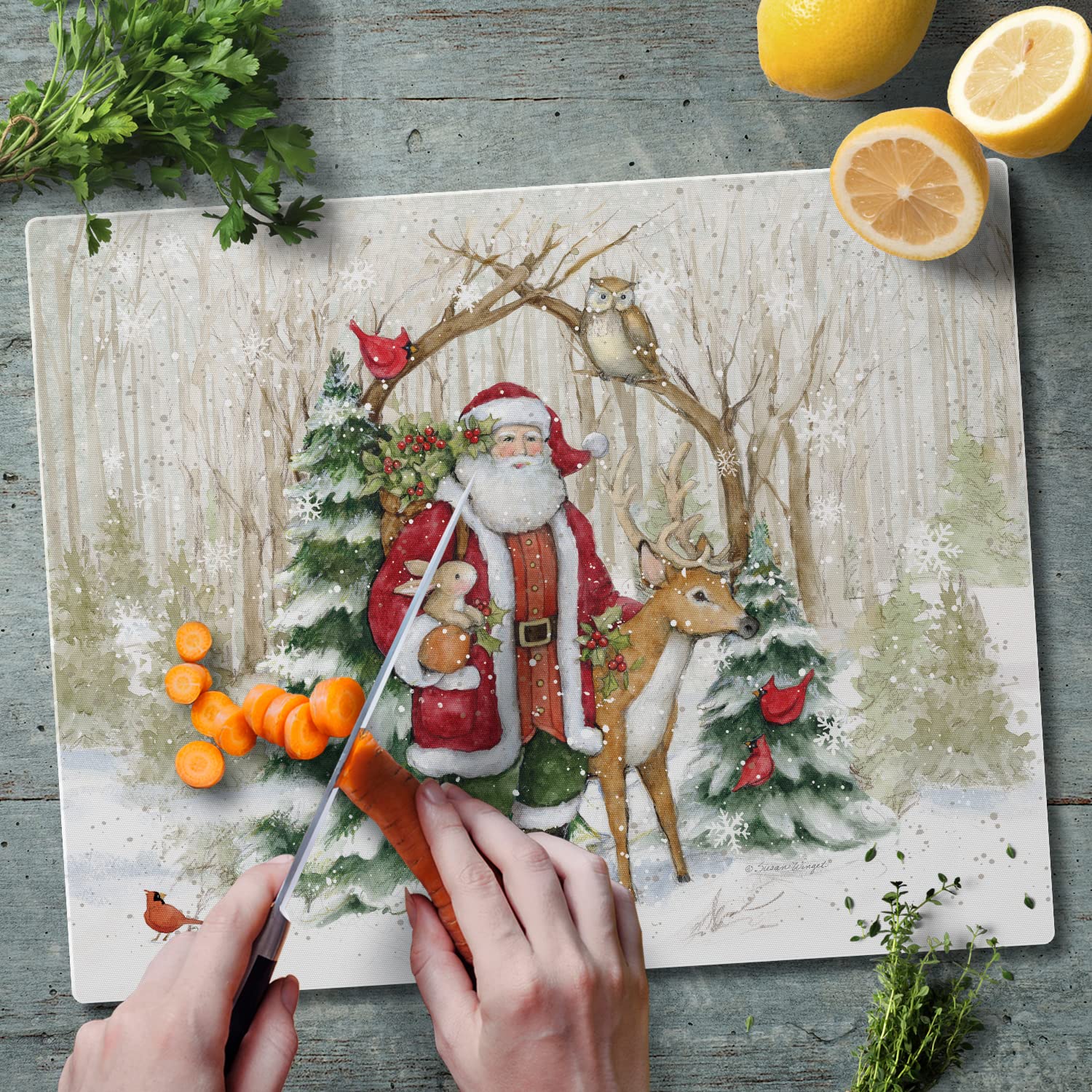 CounterArt Winter Forest Santa 3mm Heat Tolerant Tempered Glass Cutting Board 15” x 12” Manufactured in the USA Dishwasher Safe