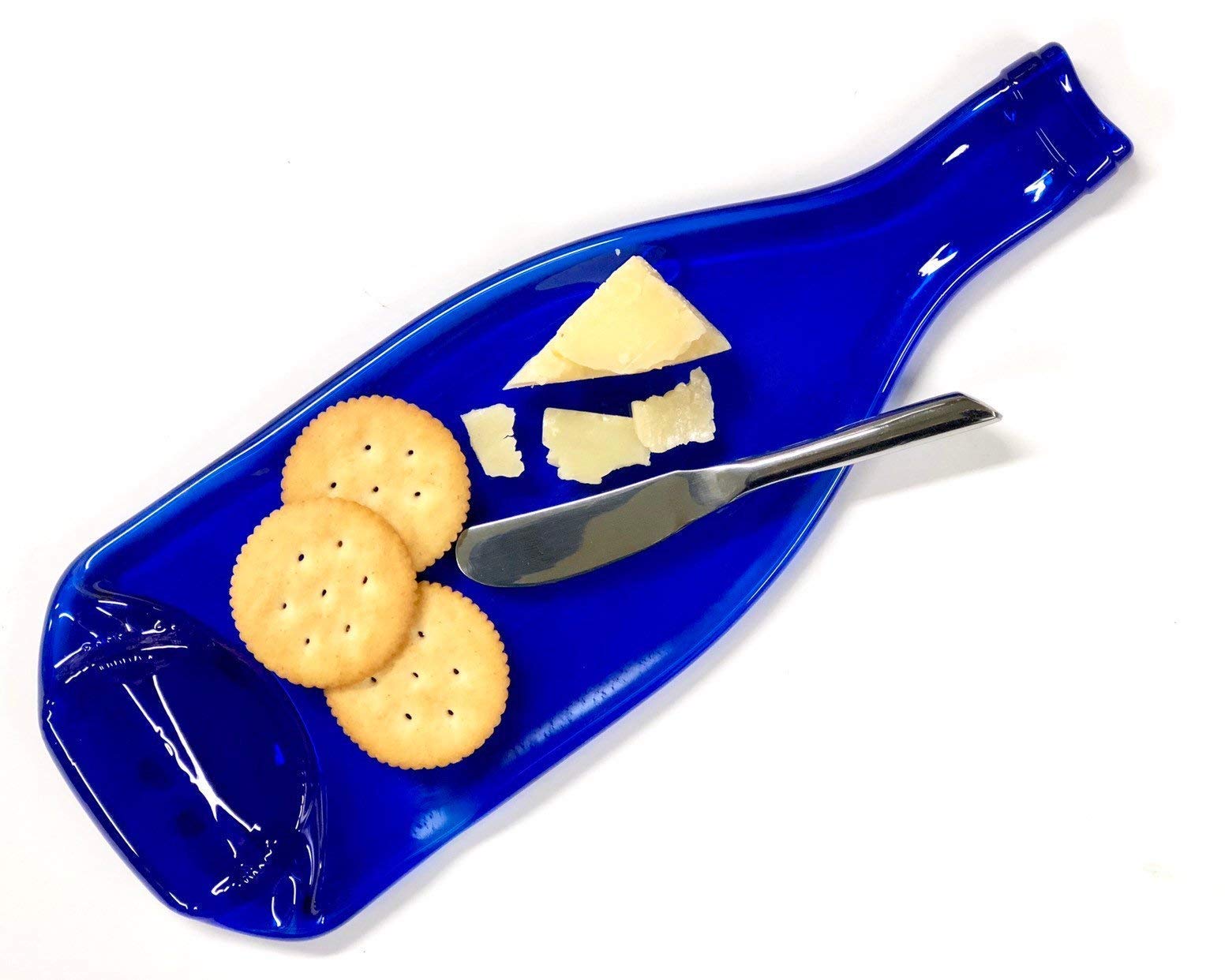 Melted Wine Bottle Cheese Tray with Cheese Spreader in Blue Glass