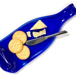 Melted Wine Bottle Cheese Tray with Cheese Spreader in Blue Glass