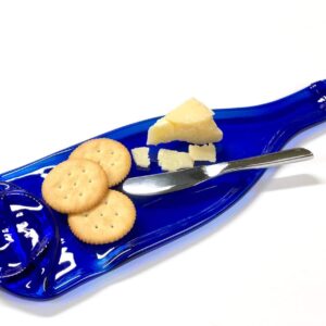 Melted Wine Bottle Cheese Tray with Cheese Spreader in Blue Glass