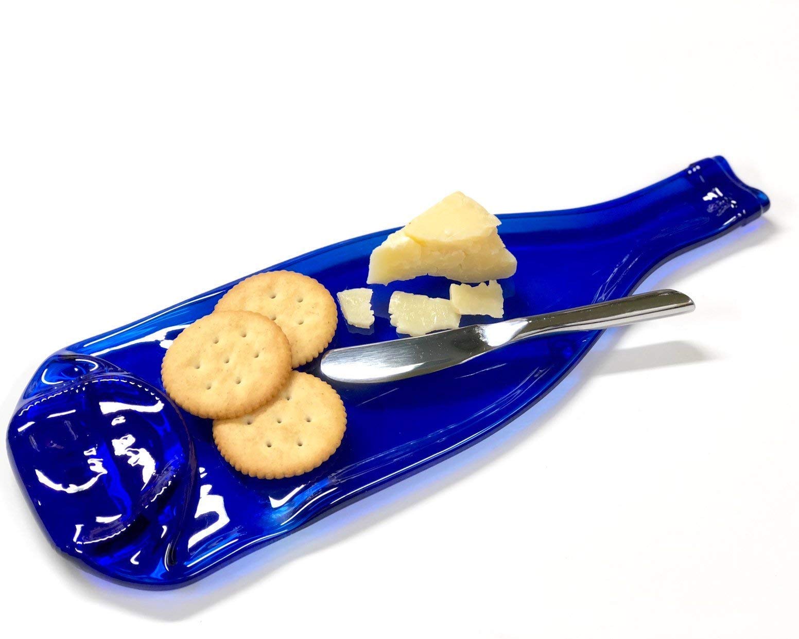 Melted Wine Bottle Cheese Tray with Cheese Spreader in Blue Glass