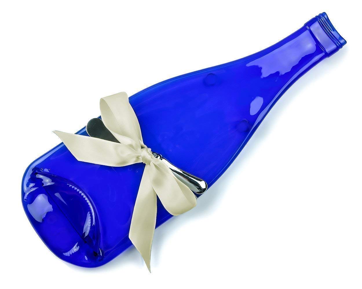 Melted Wine Bottle Cheese Tray with Cheese Spreader in Blue Glass