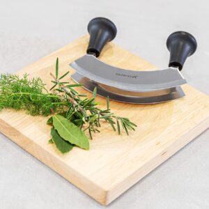 KitchenCraft Double Blade Mezzaluna Chopper and Wooden Board, Stainless Steel / Wood, 2 Piece Set