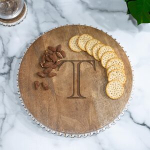 Mary Square Monogrammed T Rustic 12 inch Mango Beaded Round Serving Cutting Cheese Board