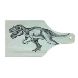 lunarable modern cutting board, dinosaur sketch fossil animal prehistoric giant creature jurassic wild illustration, tempered glass serving board, wine bottle shape, medium size, cream grey