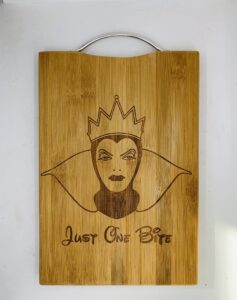 cartoon engraved cutting boards - custom chopping block with metal handle for kitchen - bamboo wood with laser-engraved design - wedding, anniversary - 12"x9"x0.67" (evil queen classic)