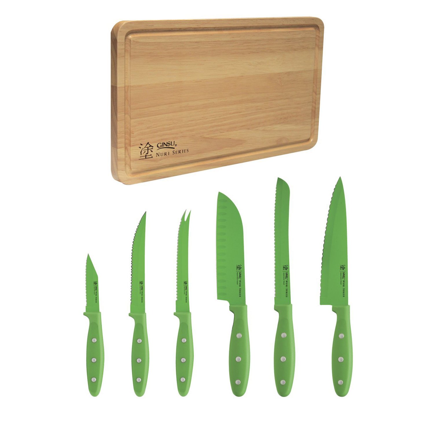 Ginsu Nuri Series Stainless Steel 6-Piece Nonstick Coated Cutlery with Bonus Cutting Board 5804