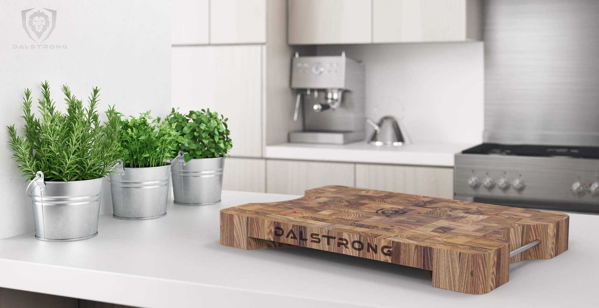 The Dalstrong Lionswood End-Grain Teak Cutting & Serving Board Bundled with The Gladiator Series Elite 7" Santoku Knife