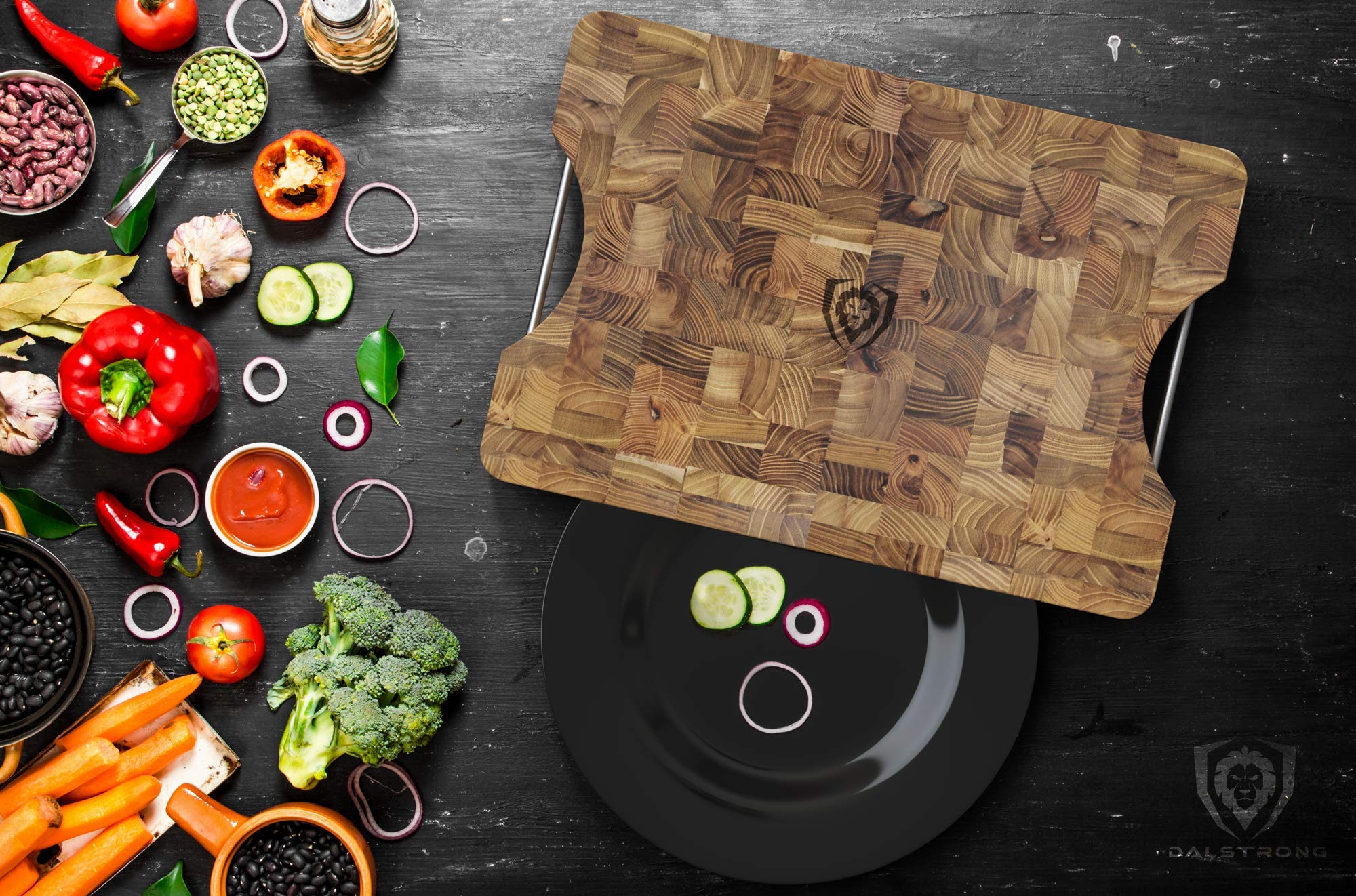 The Dalstrong Lionswood End-Grain Teak Cutting & Serving Board Bundled with The Gladiator Series Elite 7" Santoku Knife