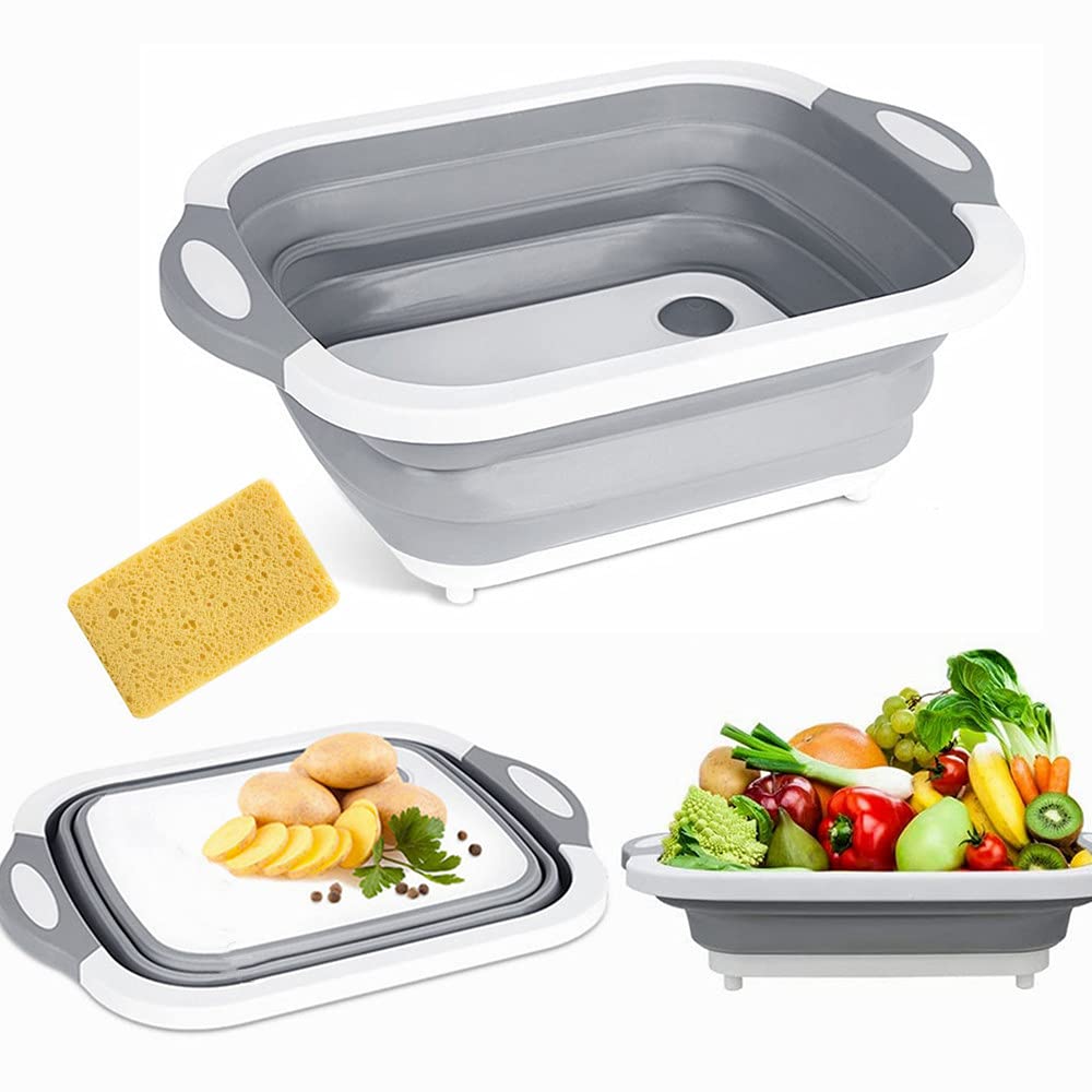 qqqqqq Folding Cutting Board with Draining Plug Colander Fruits Vegetable Washable Basket Multi-Function Collapsible Cutting Board