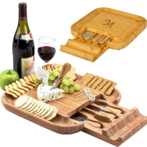 picnic at ascot personalized monogrammed engraved bamboo cutting board for cheese & charcuterie with knife set & cheese markers- designed & quality checked in usa