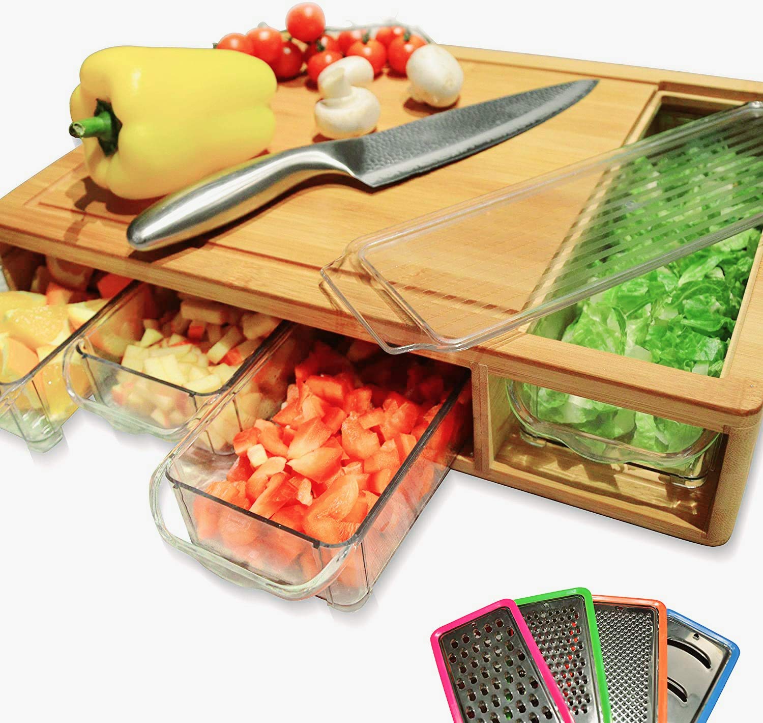 HEY PANDA Organic Bamboo Cutting Board With Containers and Lids 13pc set. Use as a Meal Prep Station. Designed with deep Juice Grooves, Handles, Rounded Corners and a Large Exposed Opening