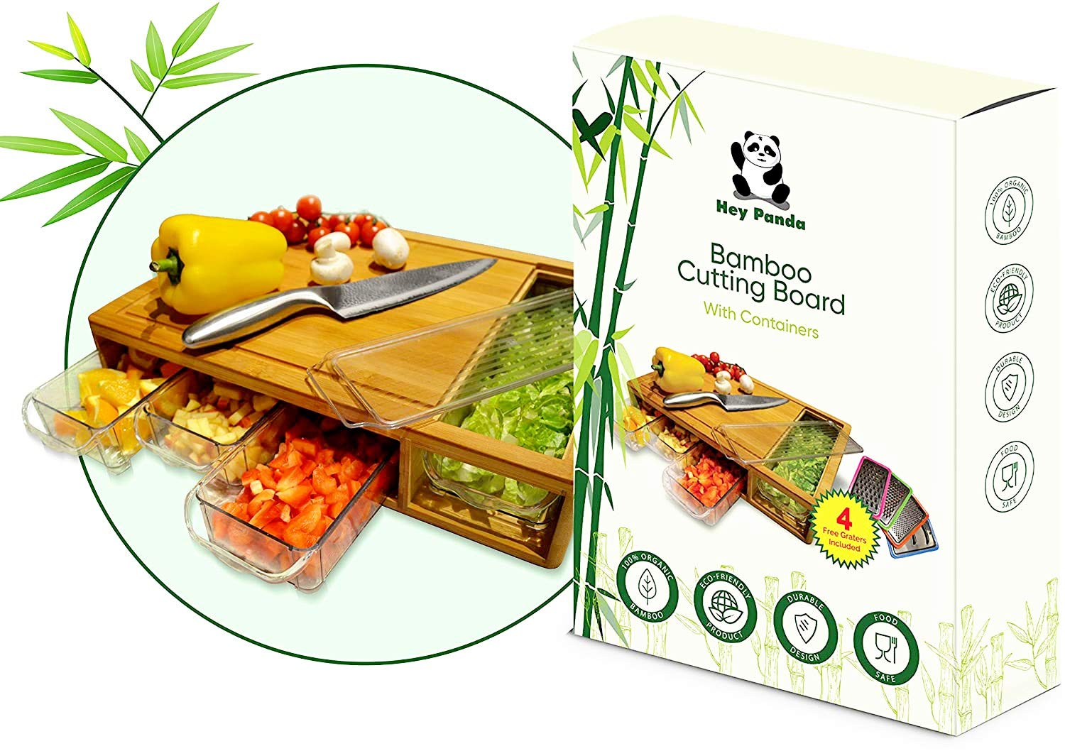 HEY PANDA Organic Bamboo Cutting Board With Containers and Lids 13pc set. Use as a Meal Prep Station. Designed with deep Juice Grooves, Handles, Rounded Corners and a Large Exposed Opening