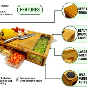 HEY PANDA Organic Bamboo Cutting Board With Containers and Lids 13pc set. Use as a Meal Prep Station. Designed with deep Juice Grooves, Handles, Rounded Corners and a Large Exposed Opening