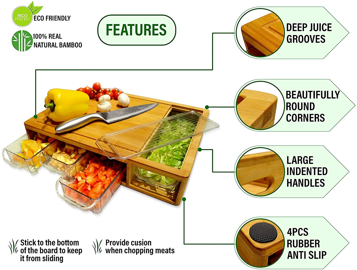 HEY PANDA Organic Bamboo Cutting Board With Containers and Lids 13pc set. Use as a Meal Prep Station. Designed with deep Juice Grooves, Handles, Rounded Corners and a Large Exposed Opening