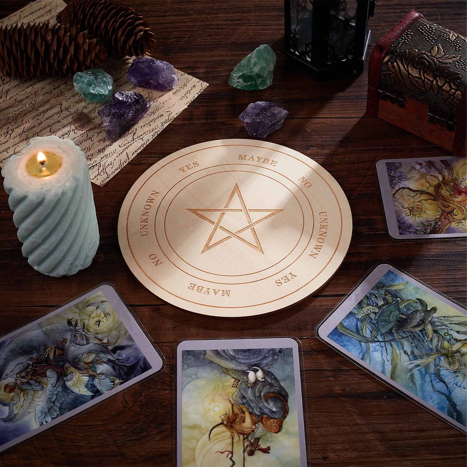 GORGECRAFT 149MM Star Pattern Pendulum Board Wooden Divination Metaphysics Message Board Wood Carving Boards Divination Witchcraft Altar Coaster Eco-Friendly Anti-Scalding Flat Round Shape