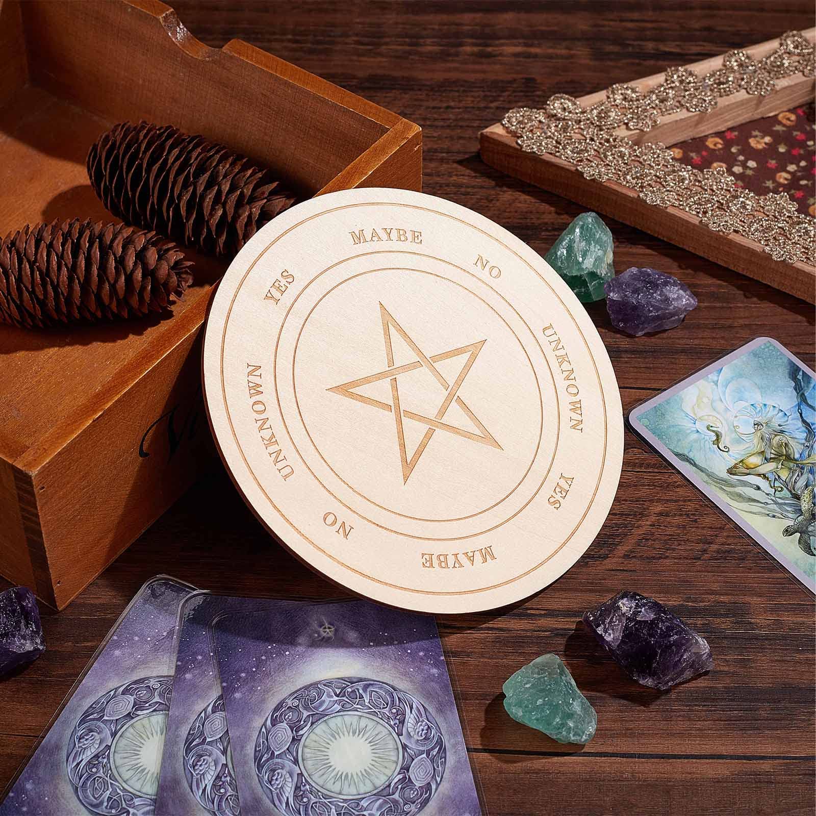 GORGECRAFT 149MM Star Pattern Pendulum Board Wooden Divination Metaphysics Message Board Wood Carving Boards Divination Witchcraft Altar Coaster Eco-Friendly Anti-Scalding Flat Round Shape