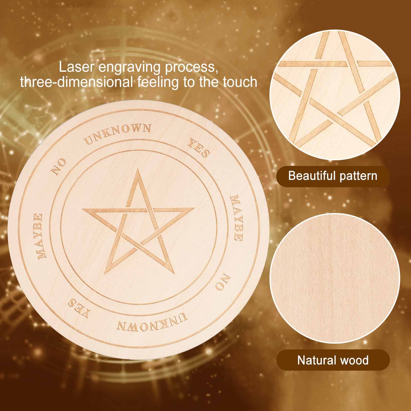 GORGECRAFT 149MM Star Pattern Pendulum Board Wooden Divination Metaphysics Message Board Wood Carving Boards Divination Witchcraft Altar Coaster Eco-Friendly Anti-Scalding Flat Round Shape