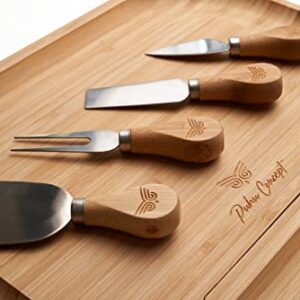 Bamboo Cheese Board & Knife Set of Puhu Concept - Elegant Gift for Women, Birthday, Wedding, Anniversary, Housewarming, Christmas, Special Days - Charcuterie Board for Cheese, Meat, Cracks and Wine