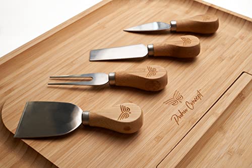 Bamboo Cheese Board & Knife Set of Puhu Concept - Elegant Gift for Women, Birthday, Wedding, Anniversary, Housewarming, Christmas, Special Days - Charcuterie Board for Cheese, Meat, Cracks and Wine