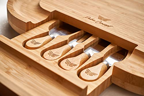 Bamboo Cheese Board & Knife Set of Puhu Concept - Elegant Gift for Women, Birthday, Wedding, Anniversary, Housewarming, Christmas, Special Days - Charcuterie Board for Cheese, Meat, Cracks and Wine