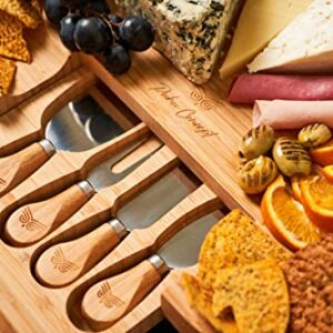 Bamboo Cheese Board & Knife Set of Puhu Concept - Elegant Gift for Women, Birthday, Wedding, Anniversary, Housewarming, Christmas, Special Days - Charcuterie Board for Cheese, Meat, Cracks and Wine